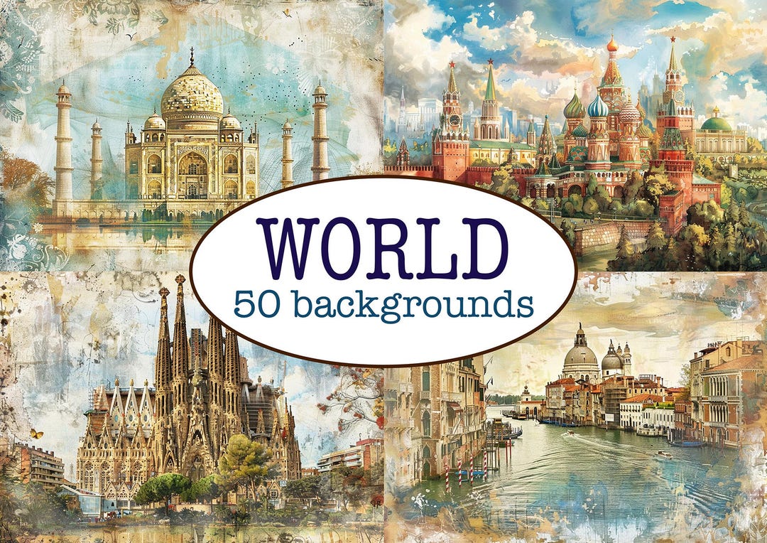50 Printable WORLD PLACES Themed Background Pages / Printable Junk ...