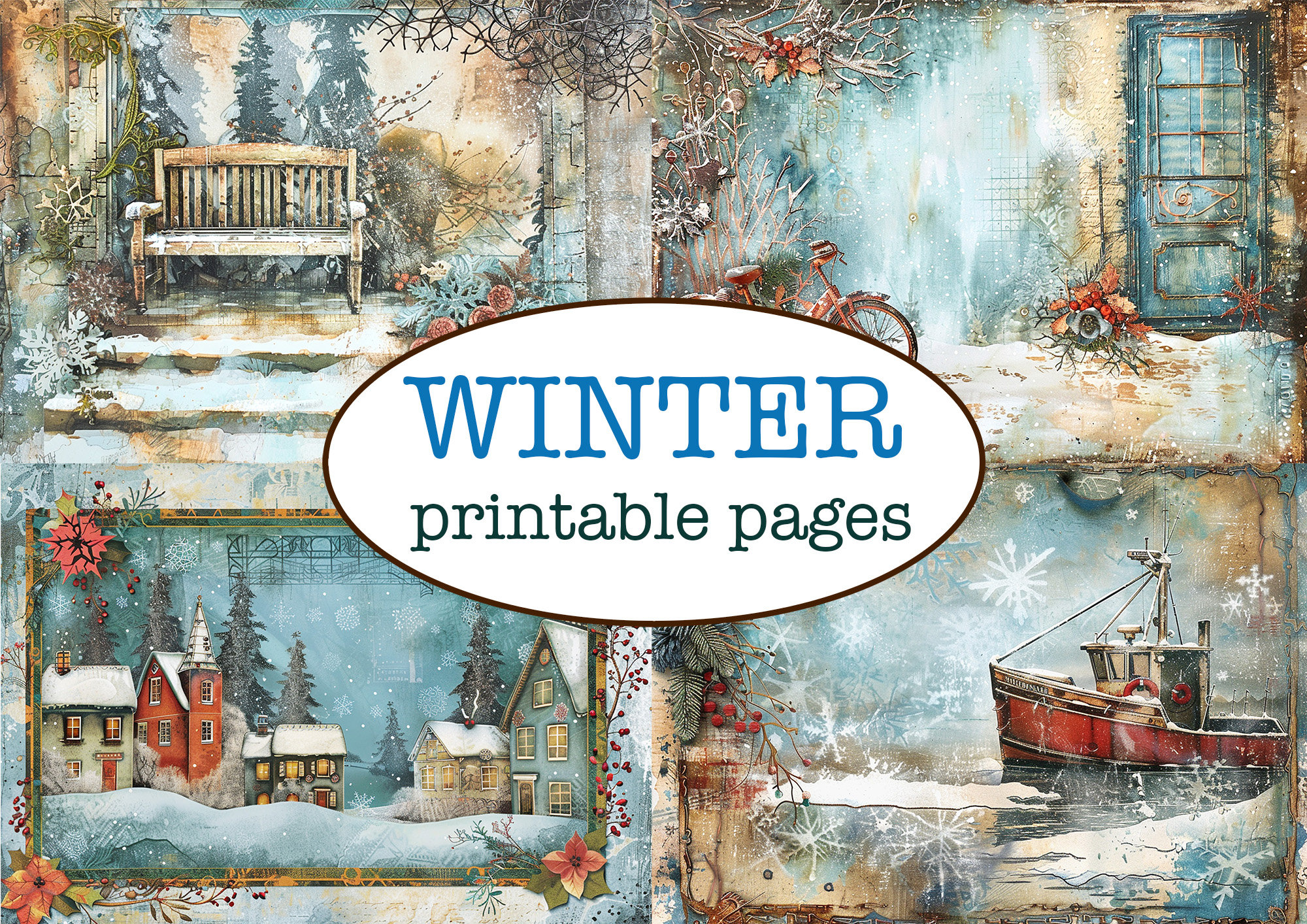 25 Printable WINTER Themed PAGES / Printable Junk Journal / Vintage ...