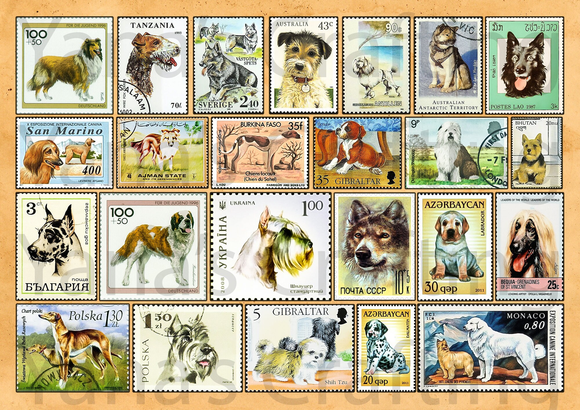 DOGS Post Stamps / Dog Ephemera / Printable Ephemera / Pets / - Etsy