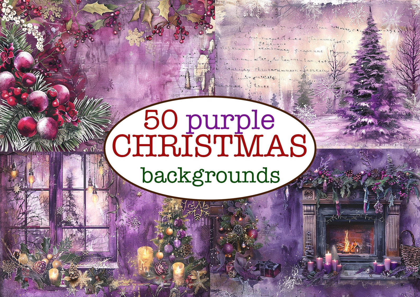 50 Printable PURPLE CHRISTMAS PAGES / Printable Junk Journal / Vintage ...