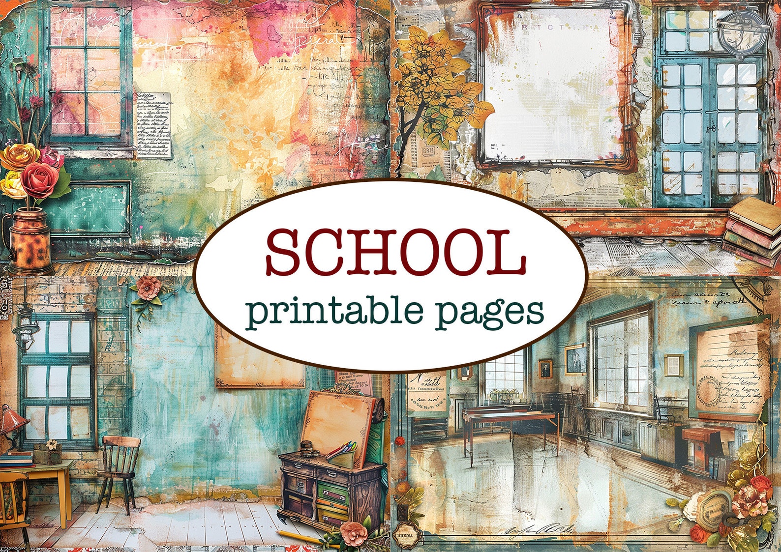25 Printable SCHOOL Themed PAGES / Printable Junk Journal / Vintage ...