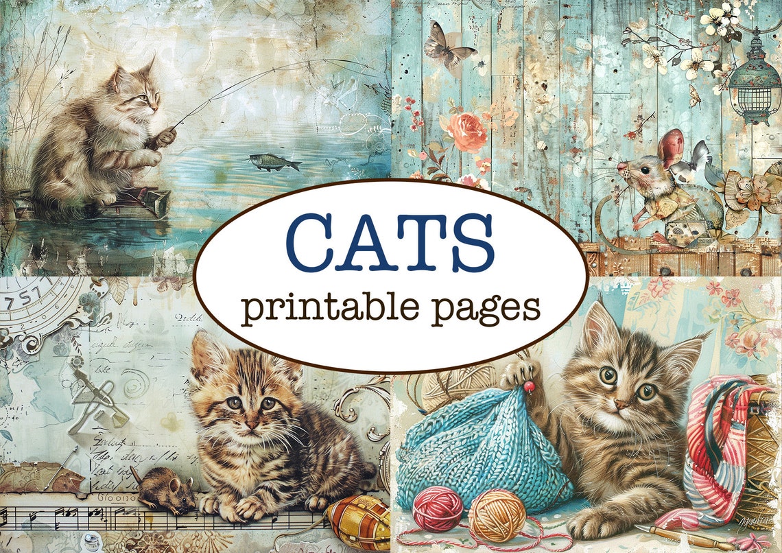 25 Printable CAT PAGES / Junk Journal / Animals Scrapbooking Paper ...
