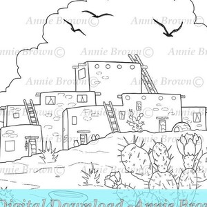Pueblo Coloring Page, Desert Scene, Printable Download, Coloring Pages ...