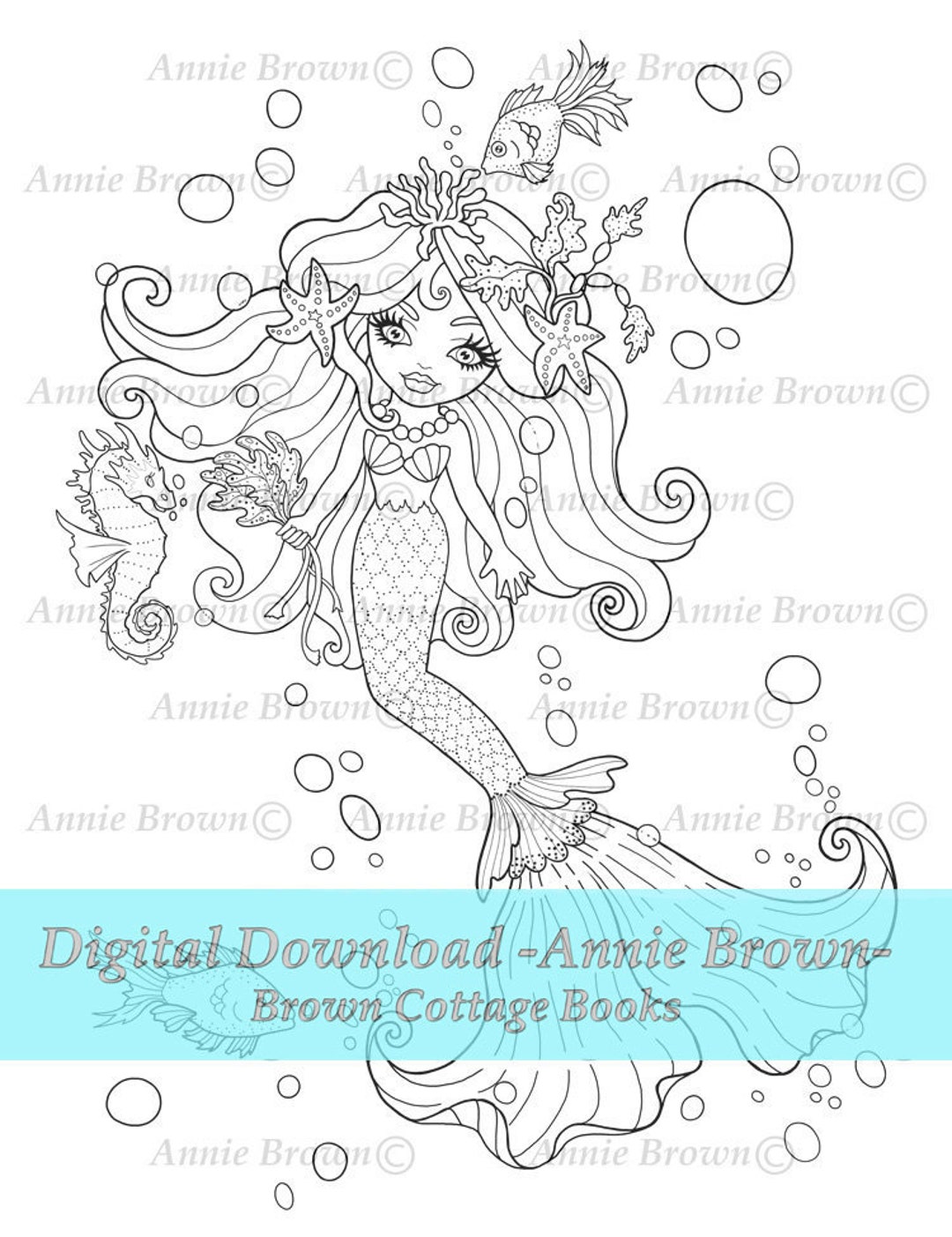 Mermaid Coloring Page, Line Art, Instant Download, Printable, Mermaids ...