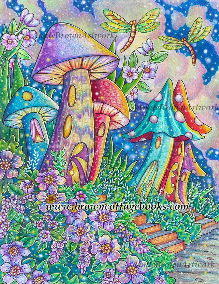 Fairy Mushroom Homes Coloring Page Line Art Fantasy - Etsy