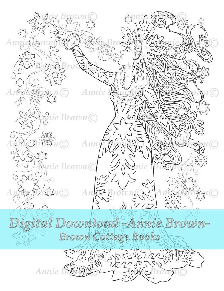 Snow Queen Coloring Page Line Art Snow Flakes Instant - Etsy