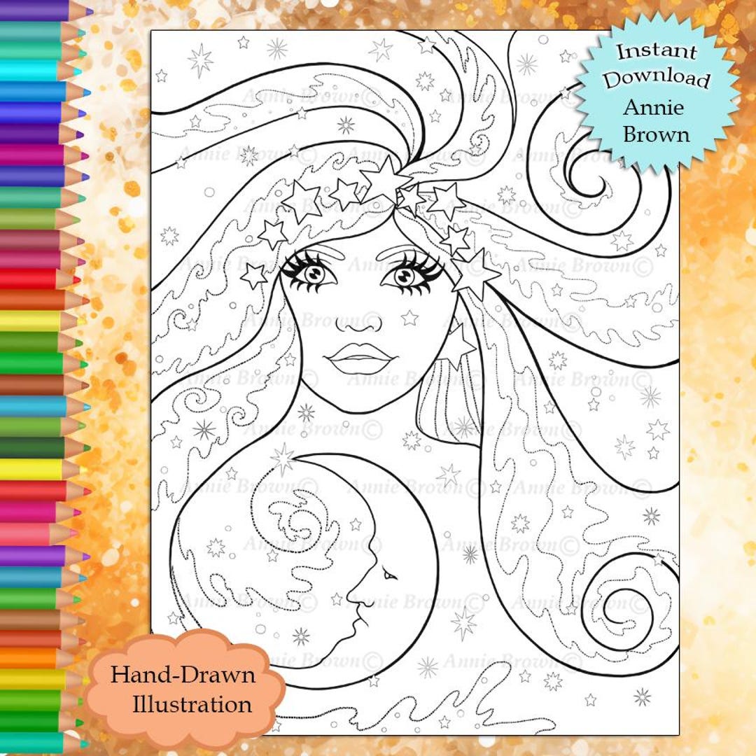 Celestial Cutie Stars Moons Coloring Page Instant Download Printable ...