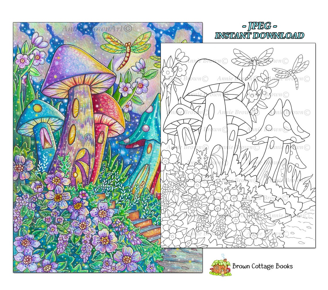 Fairy Mushroom Homes Coloring Page Line Art Fantasy - Etsy