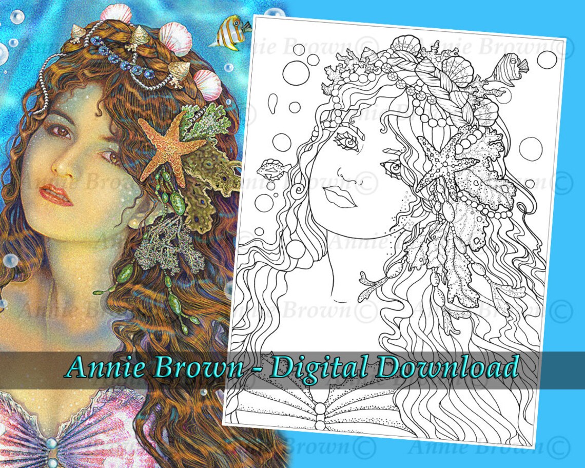 Mermaid Coloring Page Fantasy Art Printable Download Line | Etsy