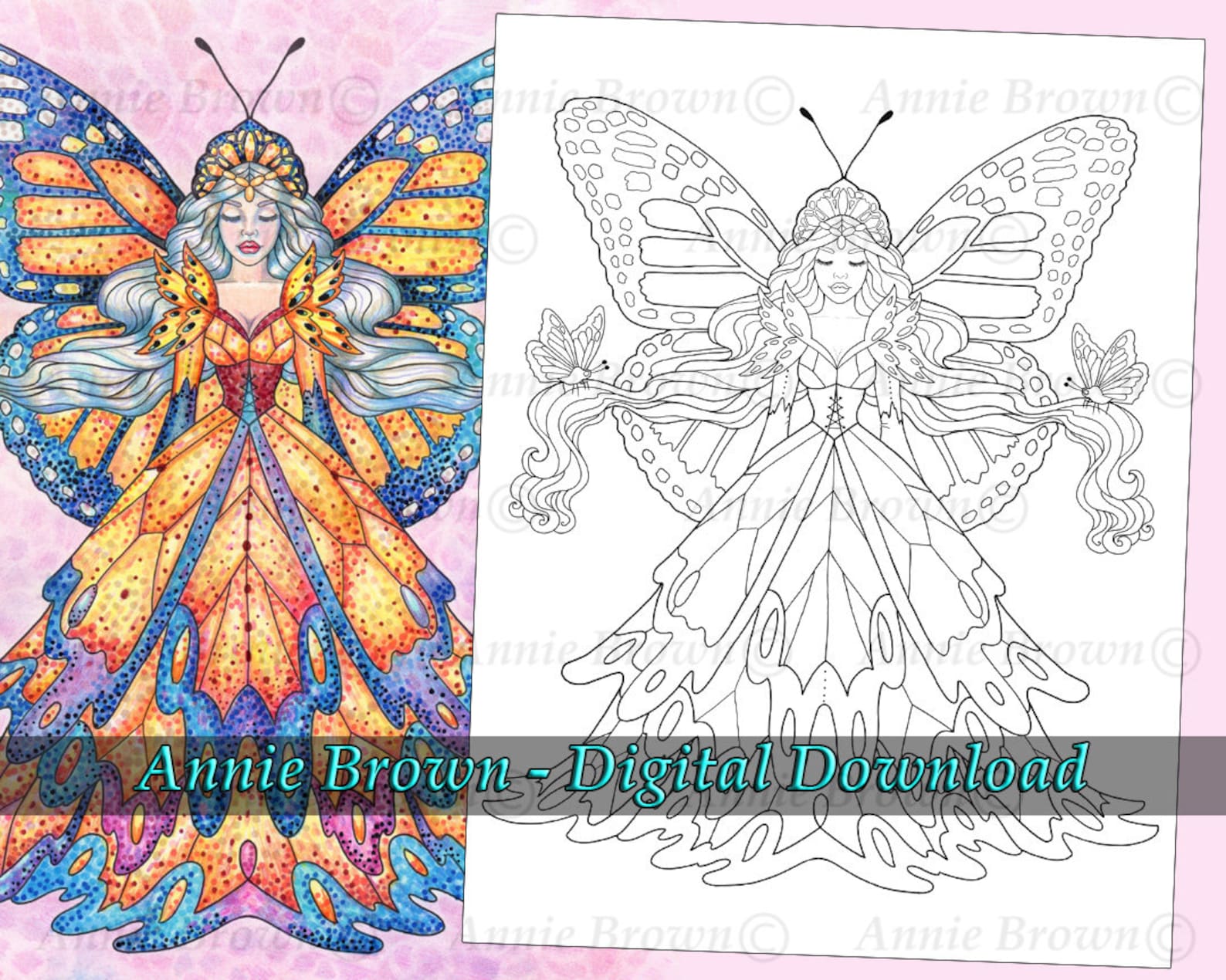 Fairies Coloring Page Fantasy Art Butterfly Wings Printable | Etsy