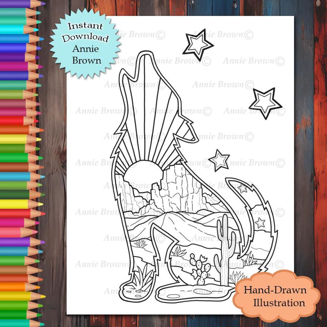 Desert Coyote Southwest Coloring Page Instant Download Printable File ...