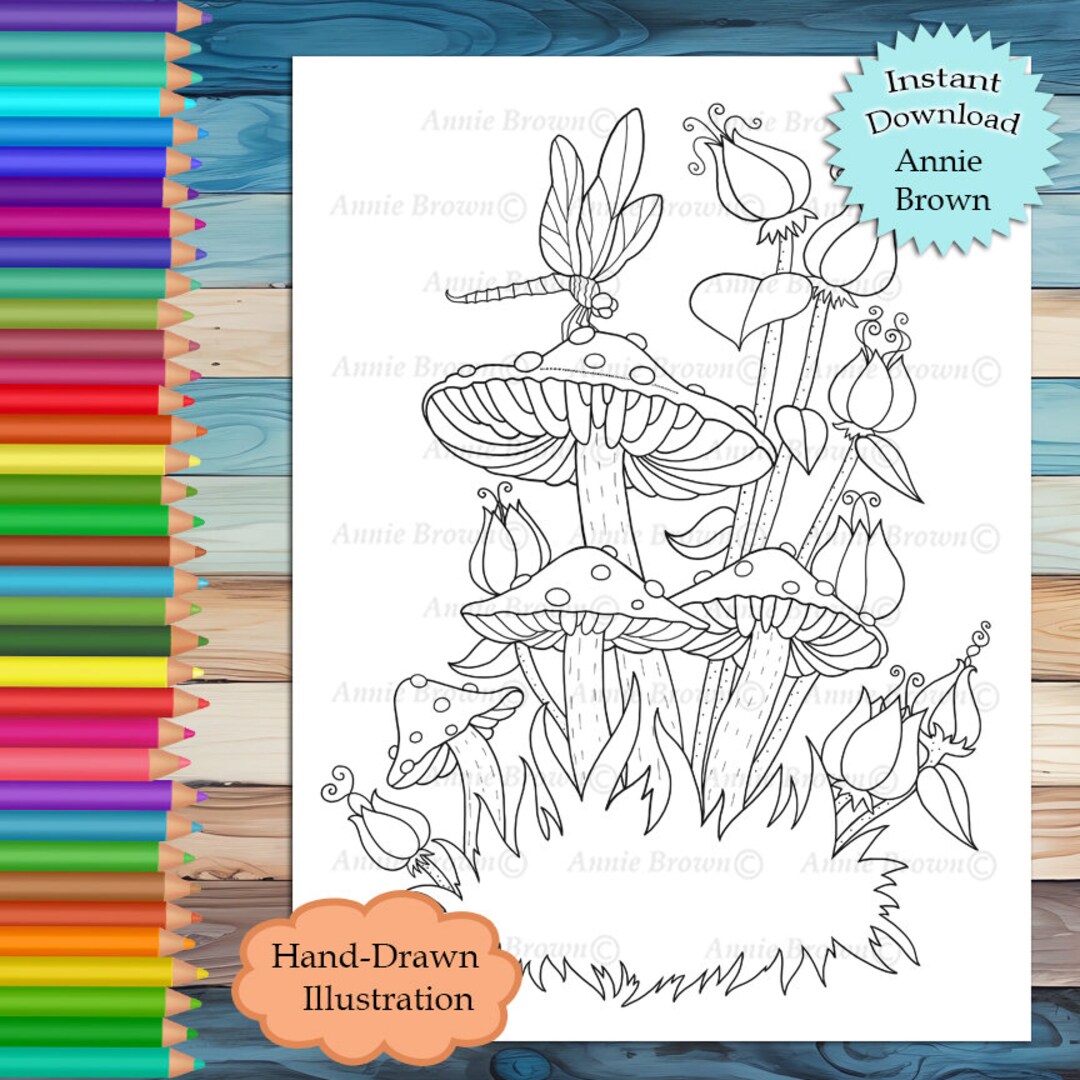 Mushroom Dragonfly Coloring Page Instant Download Printable File Line ...