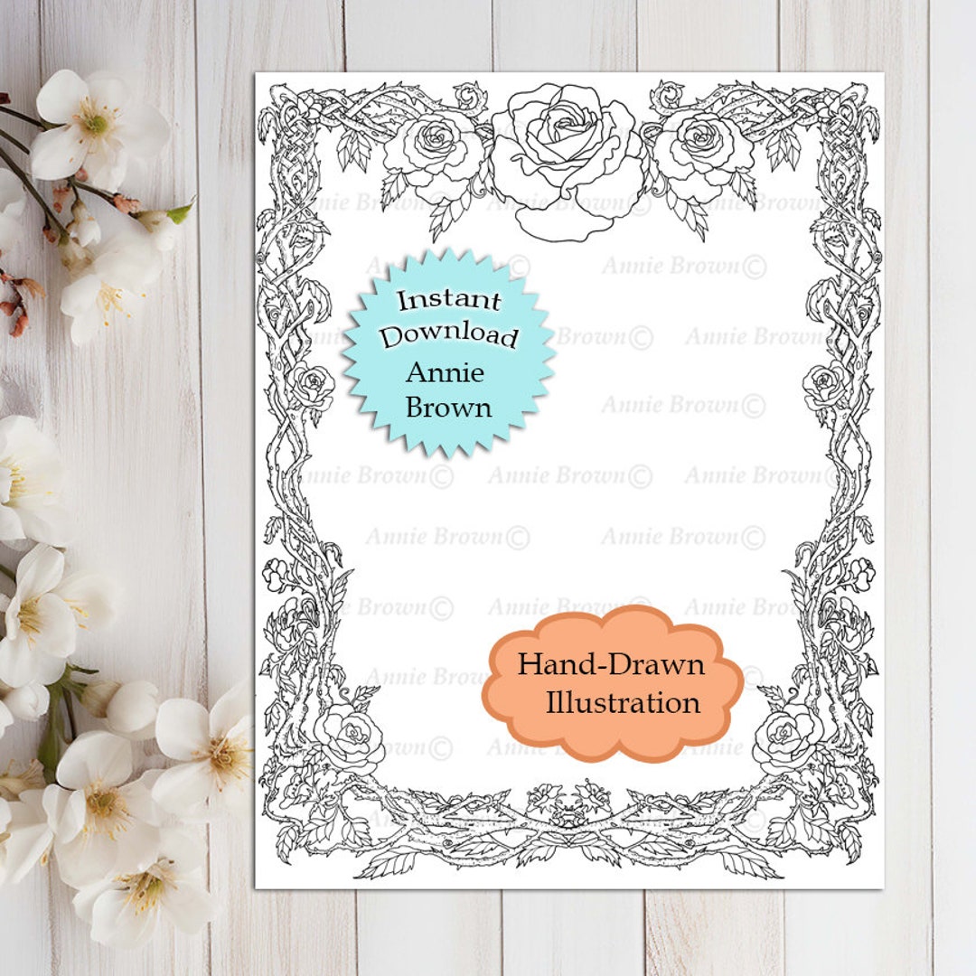 Rose Border Stationary Coloring Page Instant Download Printable File ...