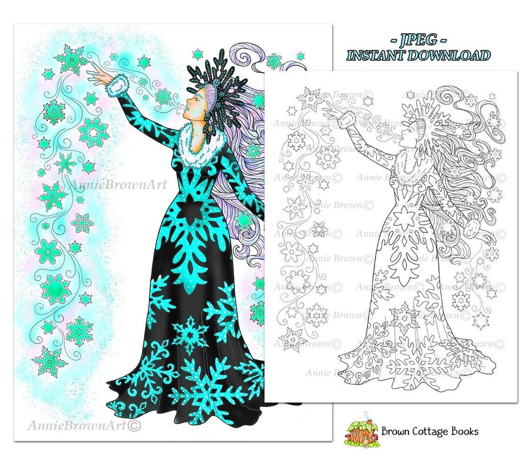 Snow Queen Coloring Page, Line Art, Snow Flakes, Instant Download ...