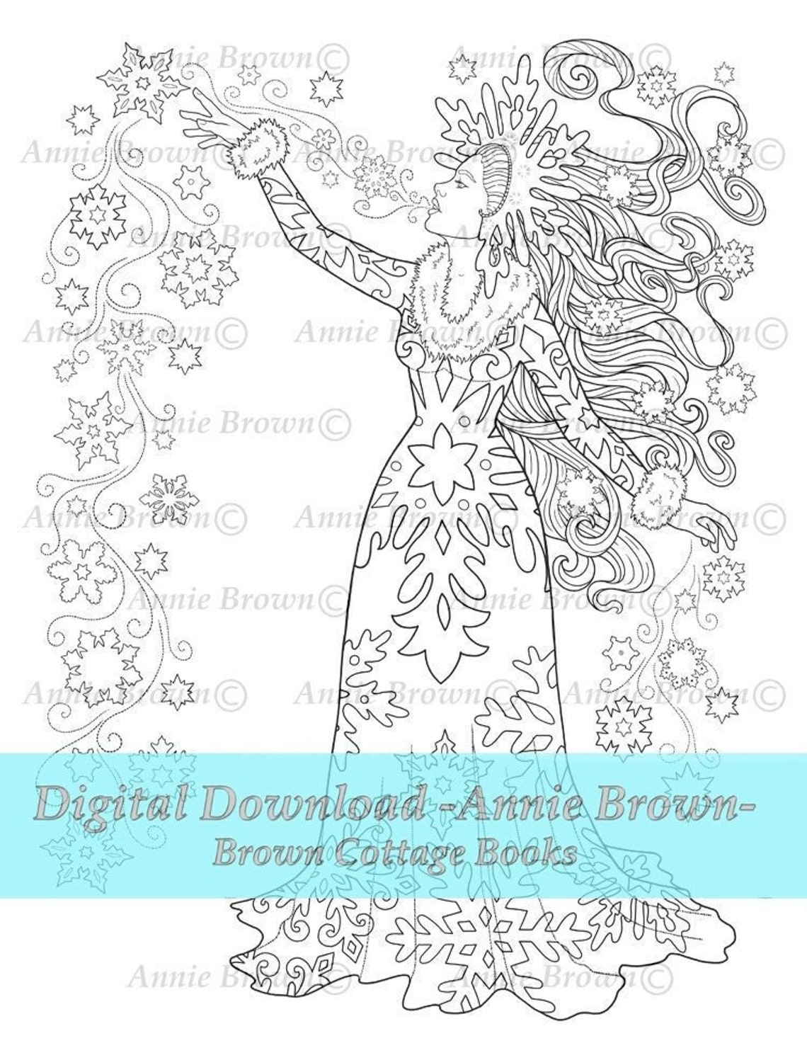 Snow Queen Coloring Page, Line Art, Snow Flakes, Instant Download ...