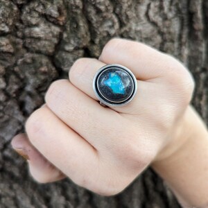 Galaxy Opal Ring, Shadowbox Border, Sterling Silver, Size 6.5 - Cantera Opal Ring, Flashy Opal ...