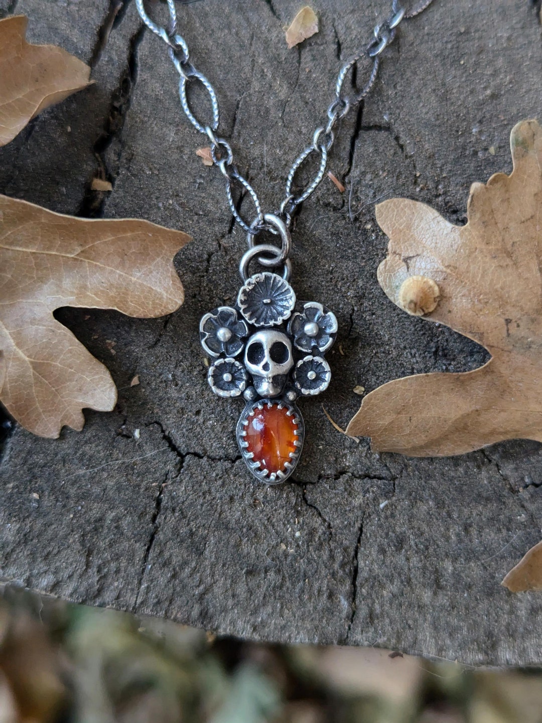 Carnelian Necklace, Skull & Flowers, Sterling Silver - Carnelian Skull ...