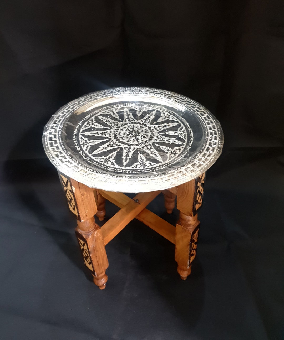 Moroccan End Table With Serving Tray Brass Round Tray - Etsy