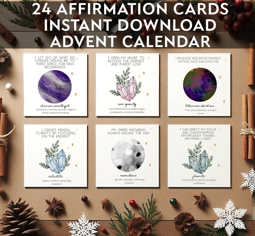 Printable Crystal Affirmation Cards 2024, Mindful Advent Calendar Cards ...