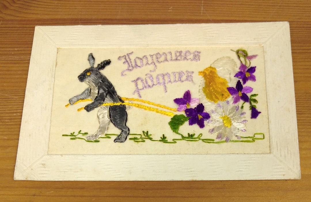 WW1 Embroidered Silk Postcard Joyeuse Paques Happy Easter Rabbit ...