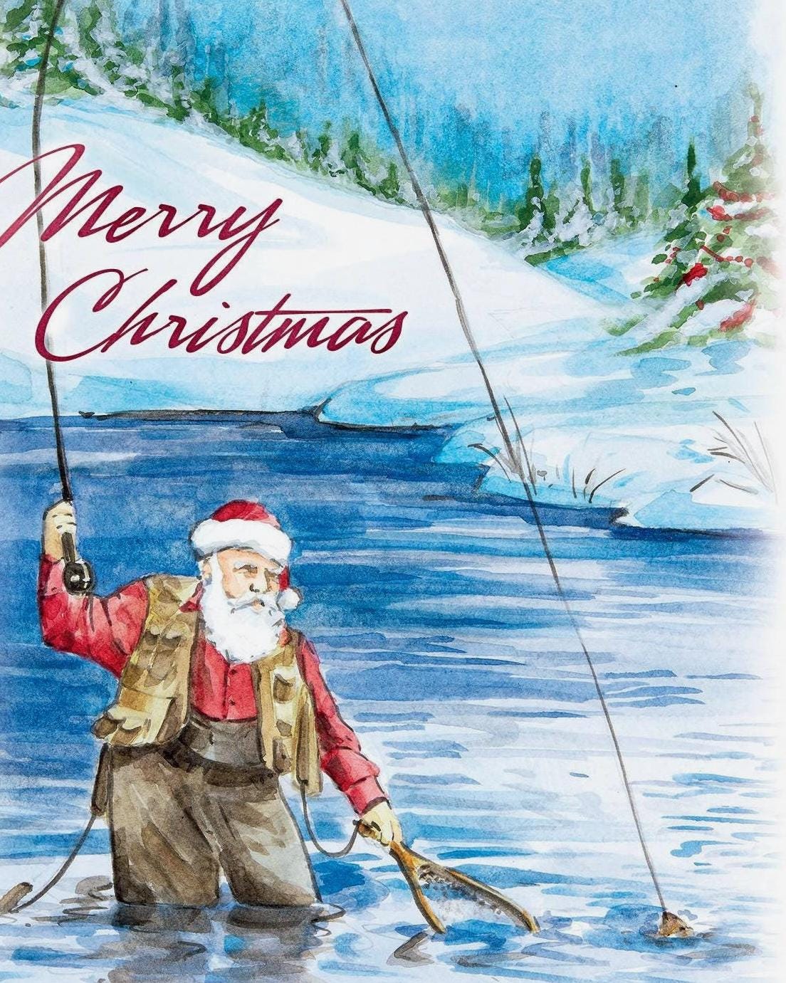 Fly-fishing Santa Card. Christmas Card Set - Etsy
