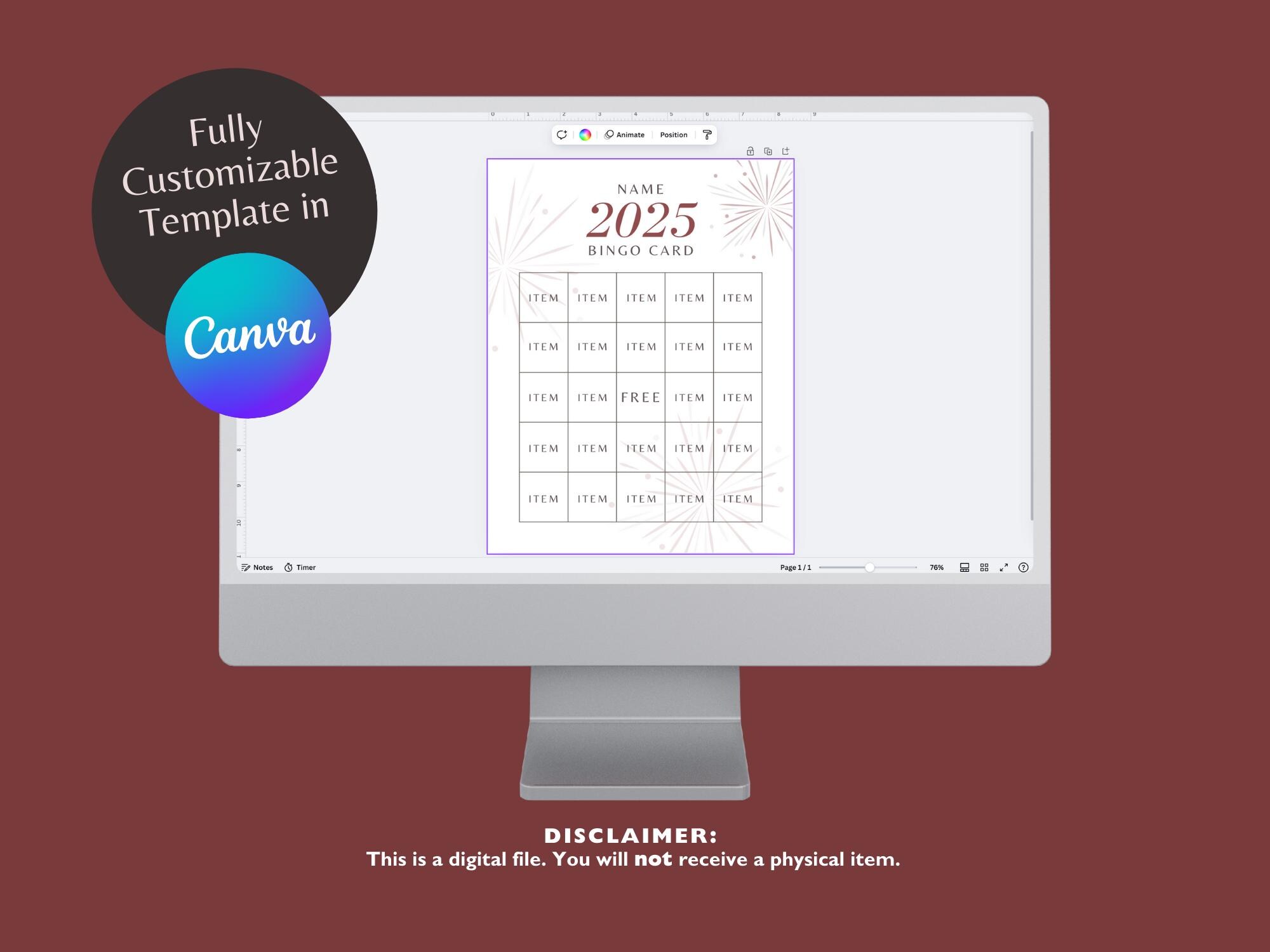 2025 New Year Bingo Card Template | Editable Canva Design With Firework ...