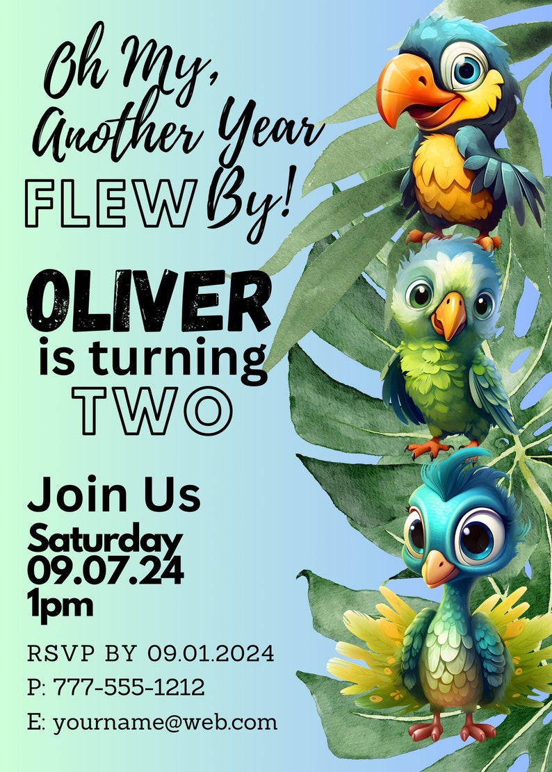 Bird Kids Party Invitation Parrot Invitation Editable Kids Invitation ...