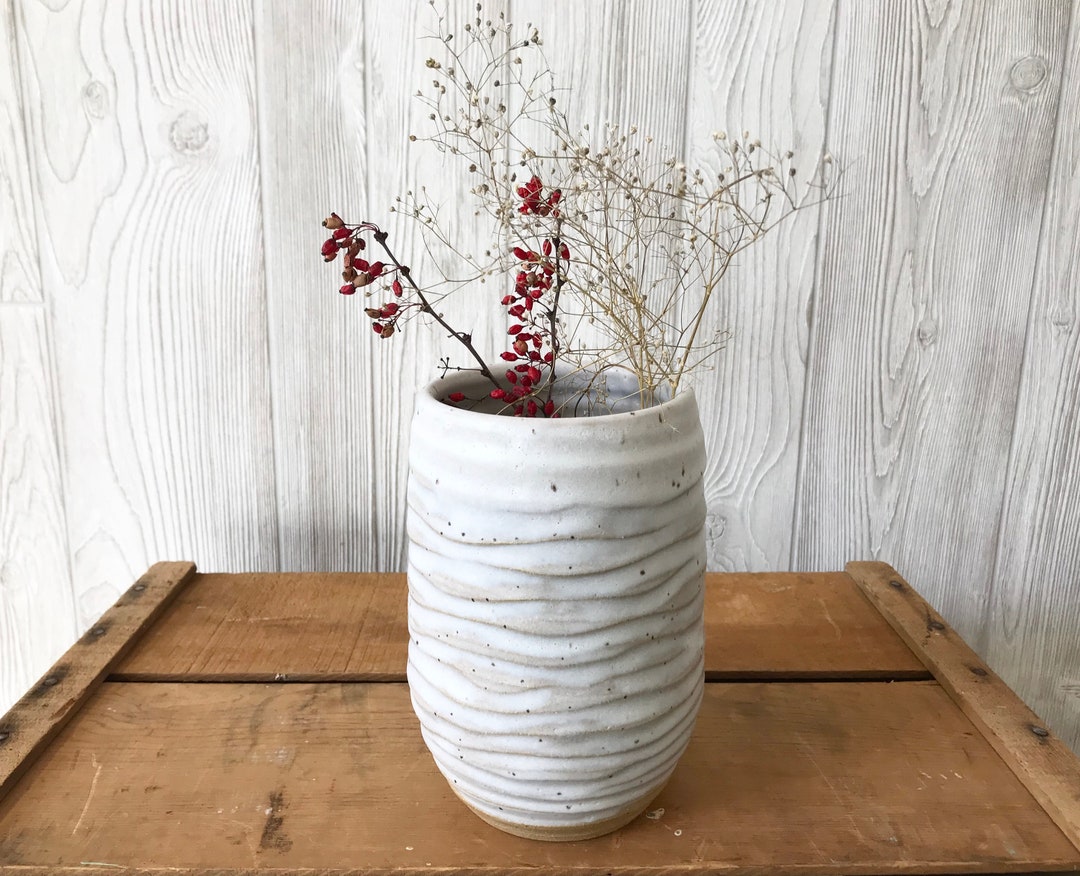 Pottery - Vase - Kitchen Utensil Holder - White Textured Vase - Earthy ...