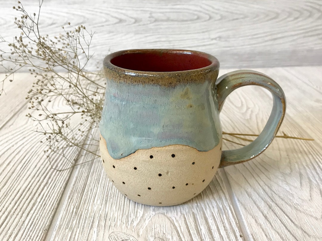 Handmade Ceramic Mug: Drippy Blue, Rust Red Interior, Dot Pattern - Etsy