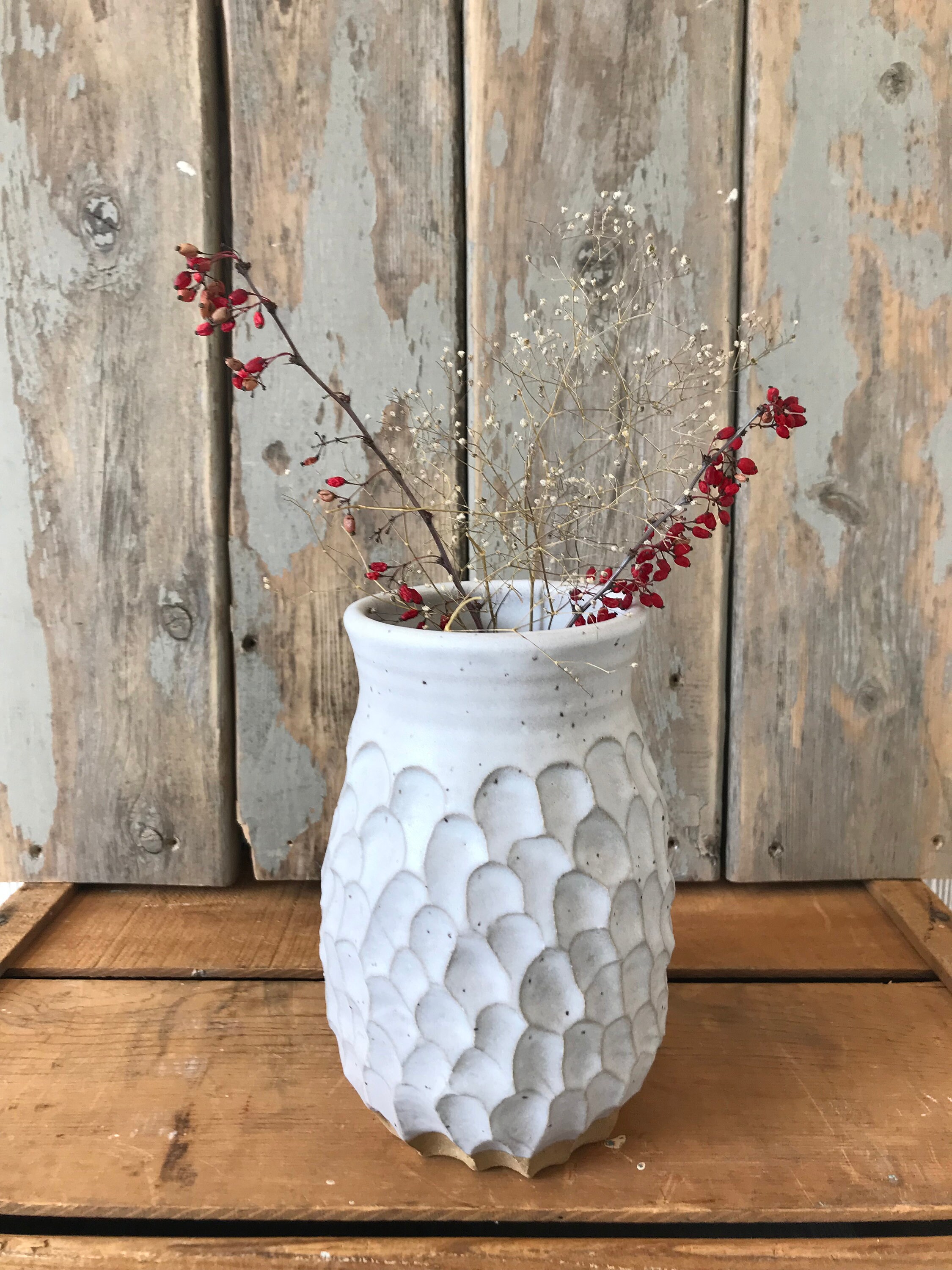 Pottery Vase Large Kitchen Utensil Holder White Textured | Etsy