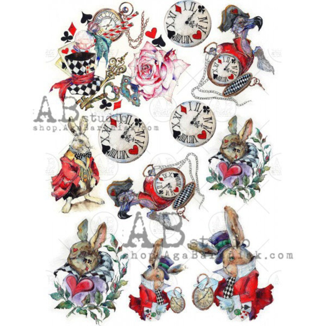 Bunny Rabbit Decoupage Paper Alice in Wonderland Decoupage Rice Paper ...