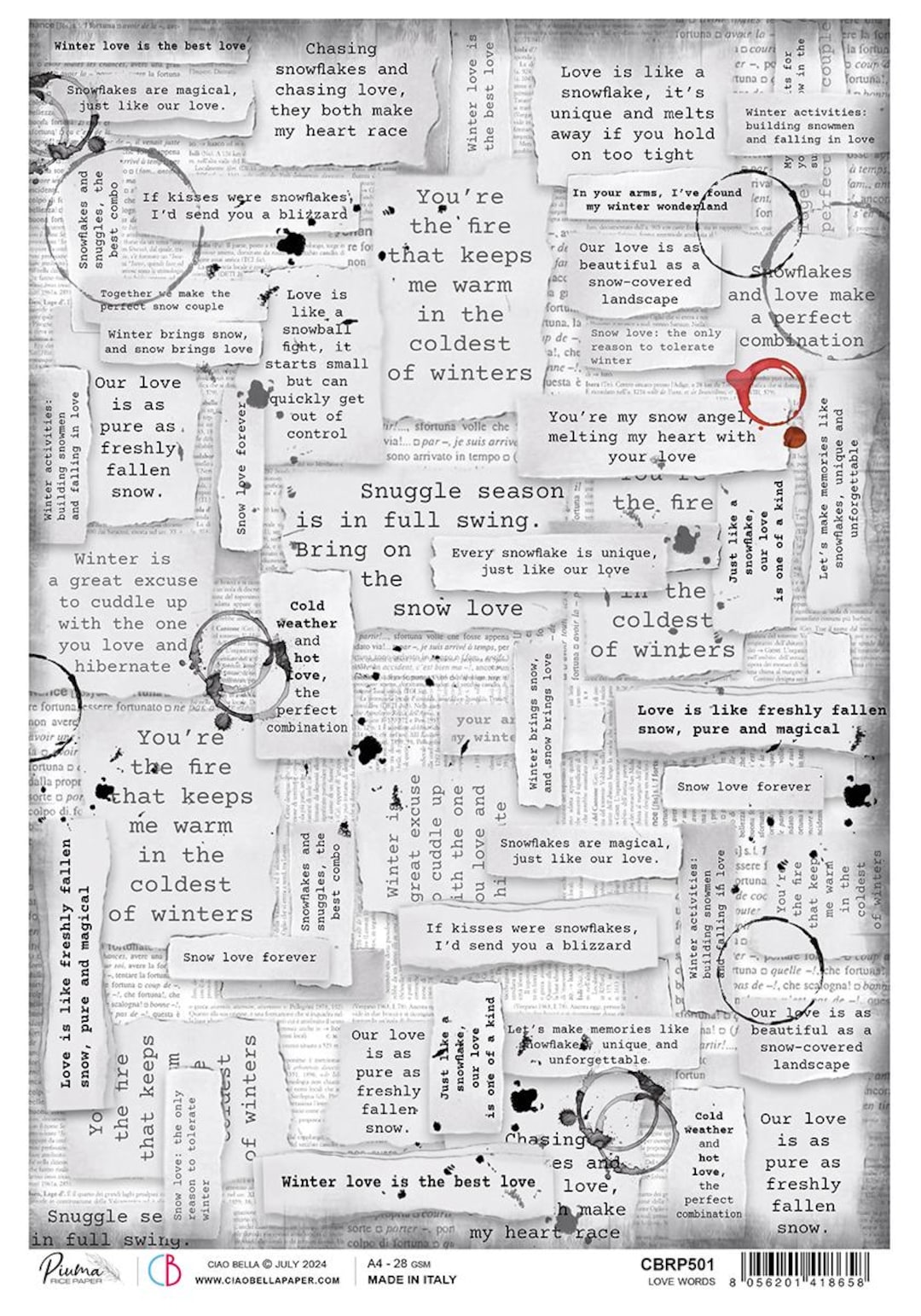Love Words Newspaper A4 Decoupage Rice Paper Ciao Bella, DIY Scrapbook ...