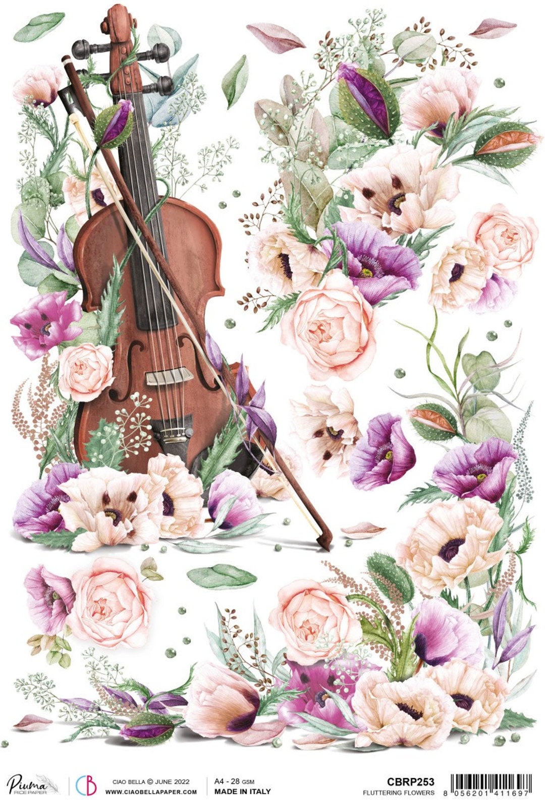 NEW A4 Violin Decoupage Floral Decoupage Fluttering Flowers Decoupage ...