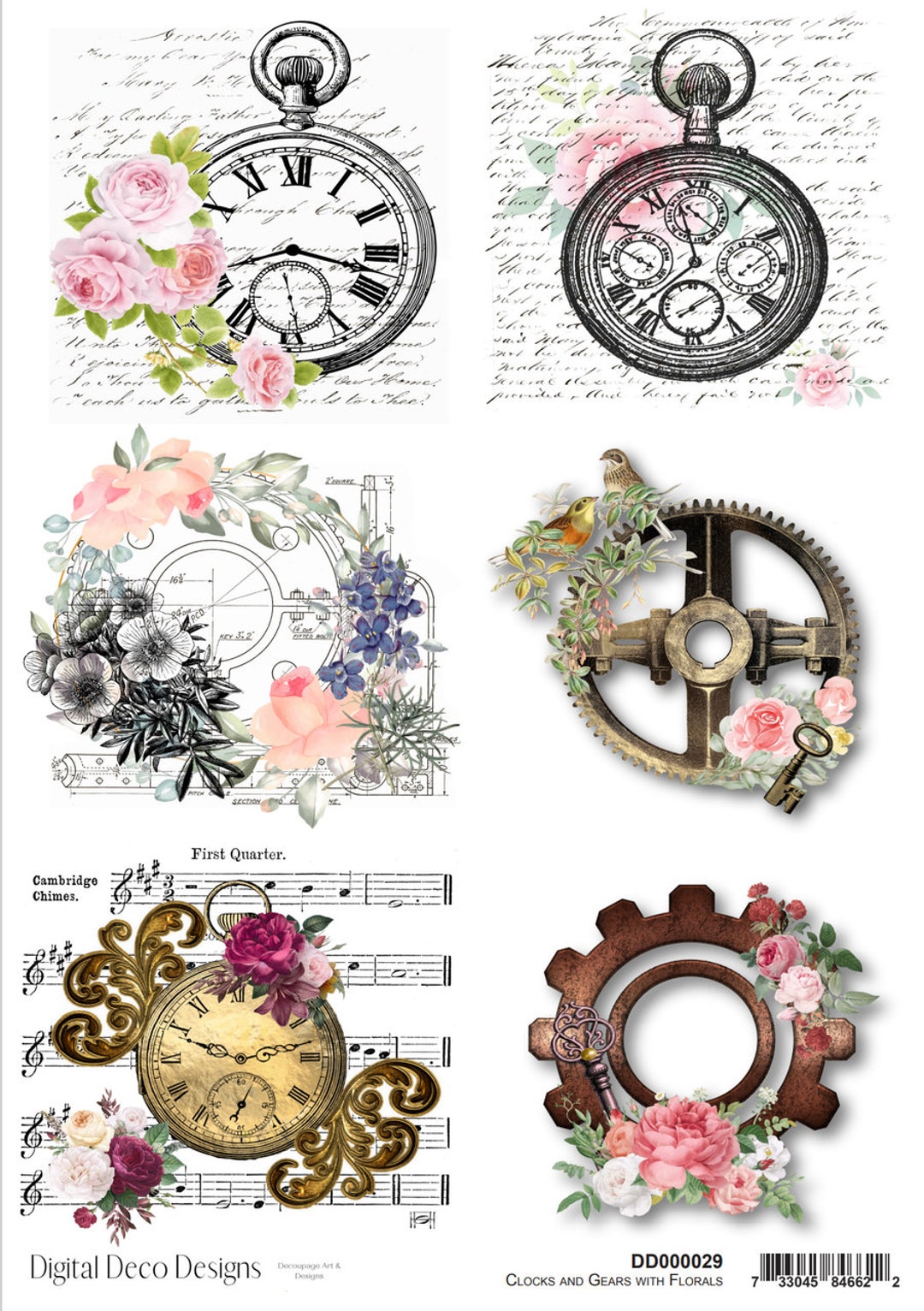 A4 Clocks and Gears Decoupage Rice Ppaer DDD Steampunk Medallion Rice ...