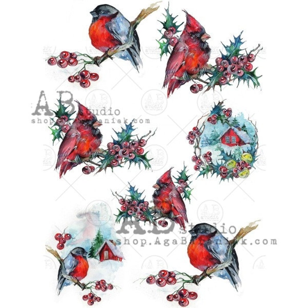 Christmas Bird Decoupage Paper Winter Cardinal Labels Decoupage Rice ...