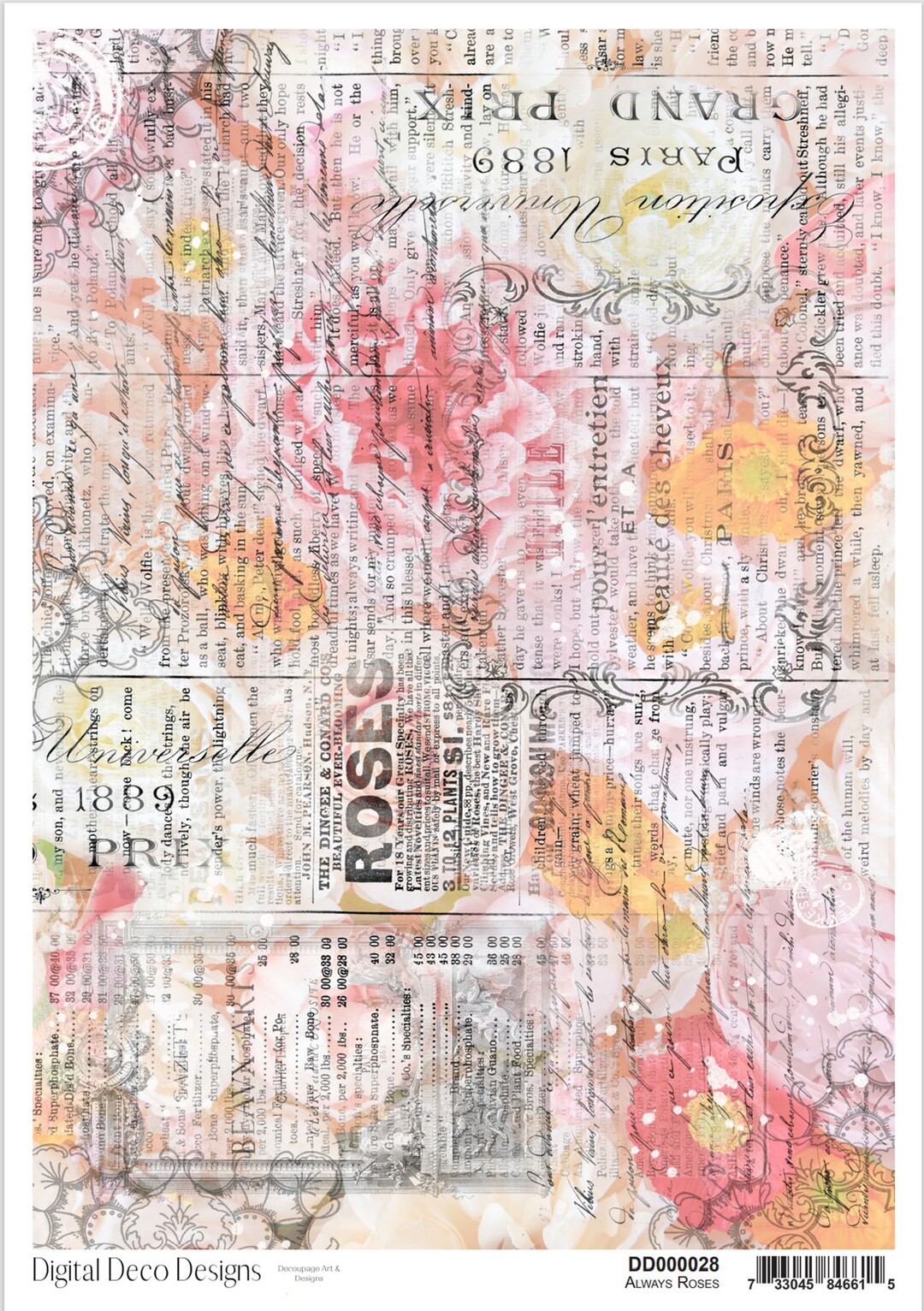 A4 Always Roses Flower Decoupage Paper DDD Floral Newsprint Rice Paper ...