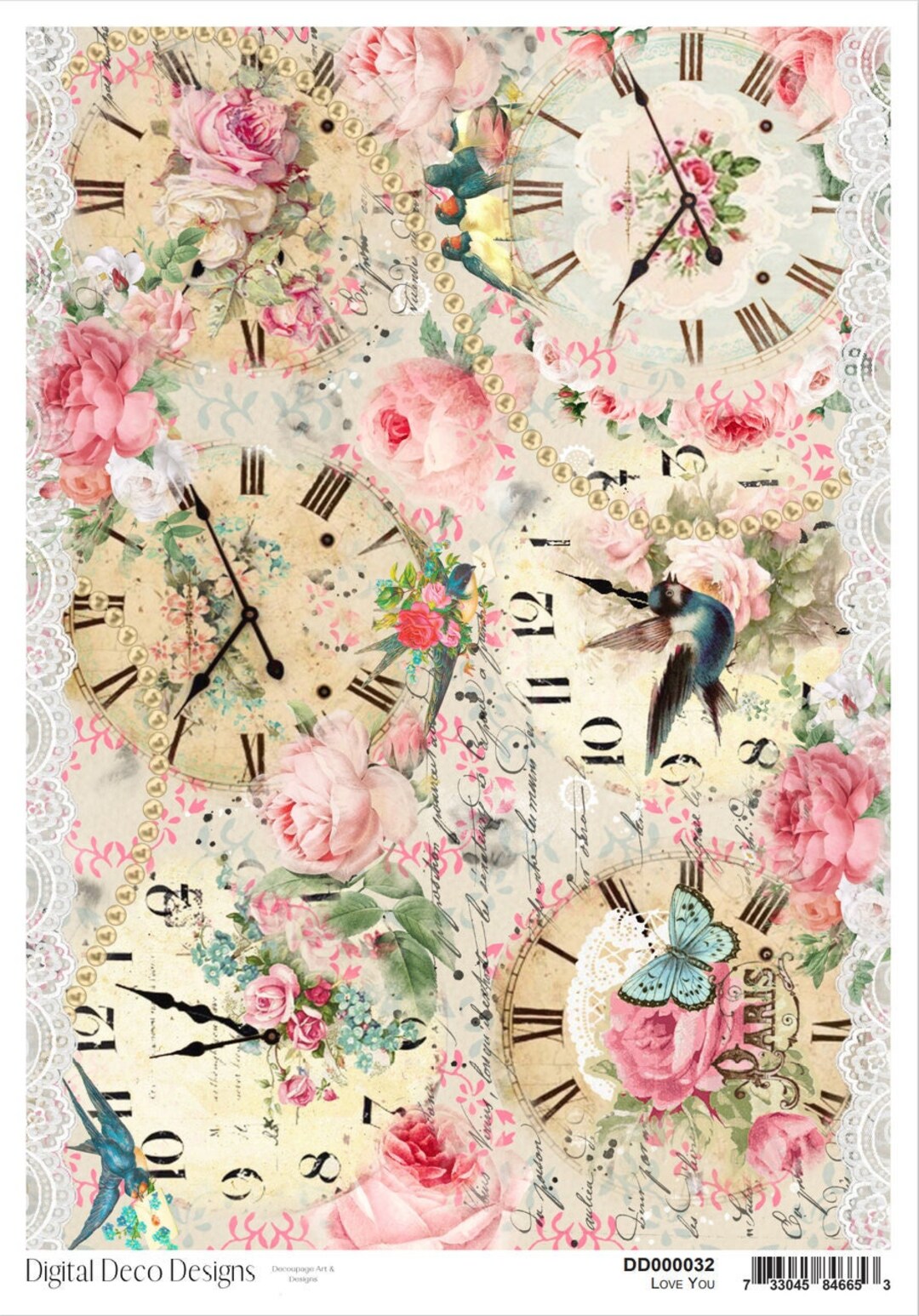 A4 Love You Clocks Decoupage Medallion Decoupage DDD Floral Decoupage ...