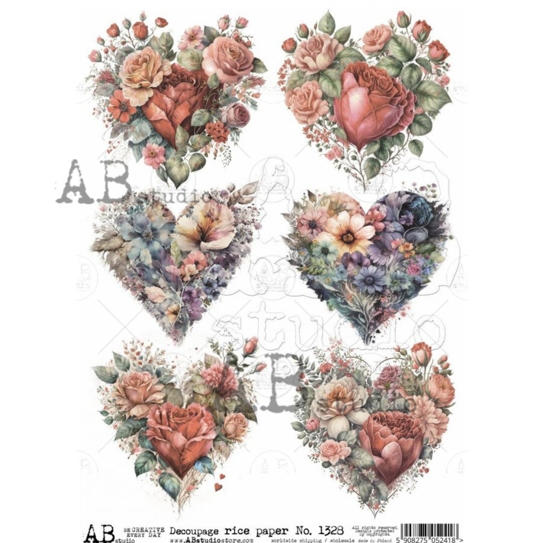 Floral Heart Medallion Decoupage Rice Paper, Paper Craft Junk Journal ...