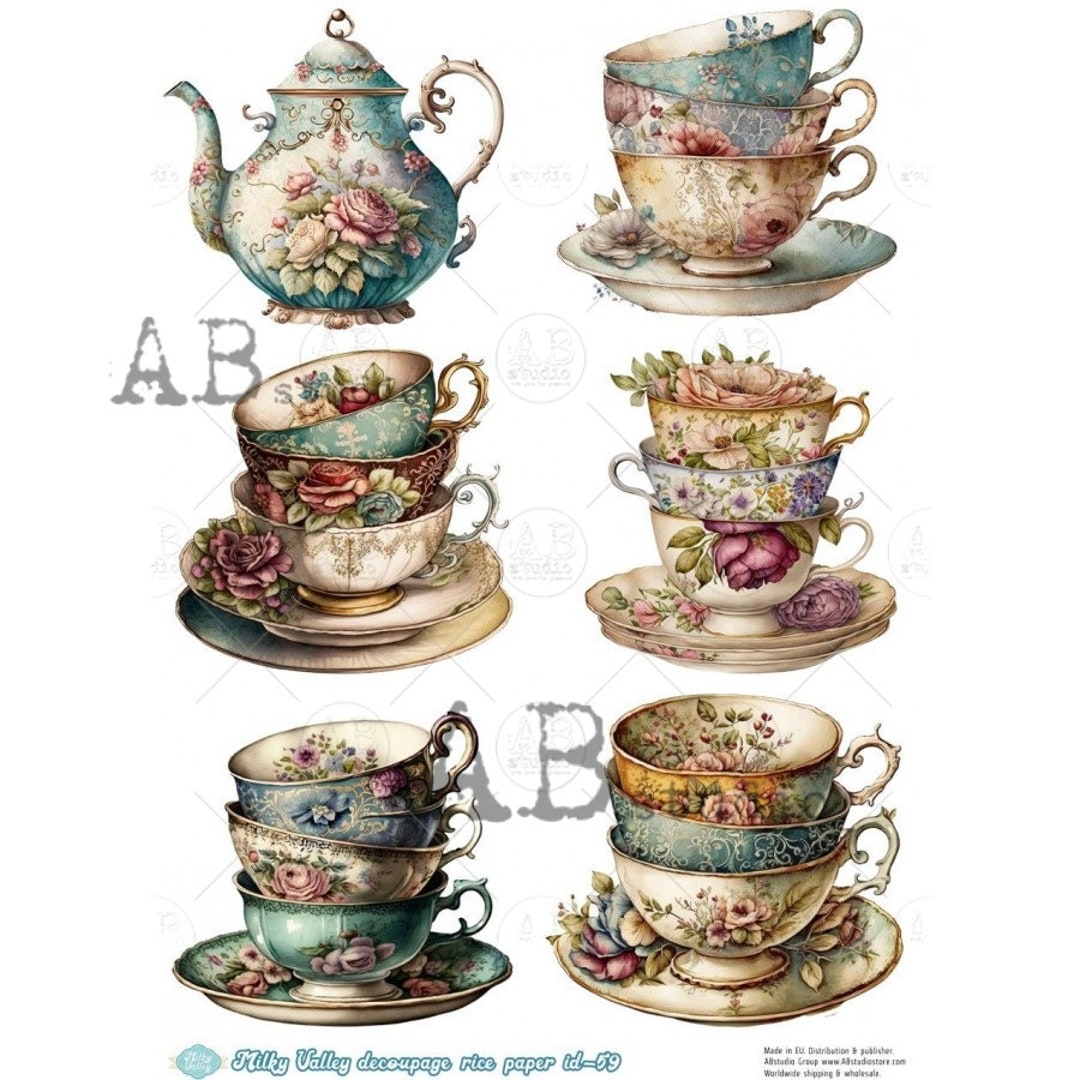 A4 AB Studio Teacup Decoupage Paper Floral Decoupage Rice Paper for ...
