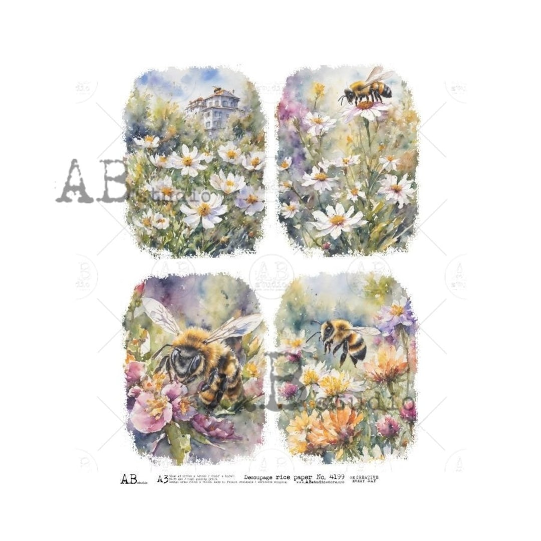 A3 Bee Decoupage Rice Paper AB Studio Flower Decoupage, DIY Scrapbook ...