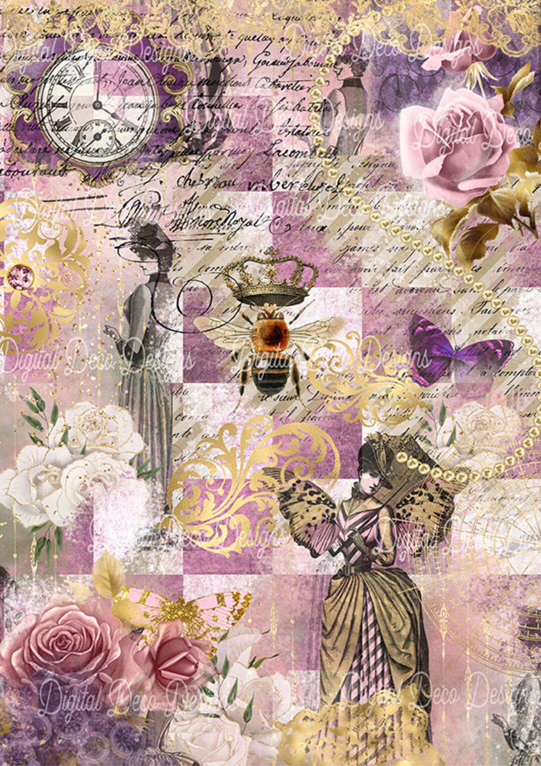 A4 Forever Queen Bee Decoupage Purple Checkered Decoupage Digital Deco ...