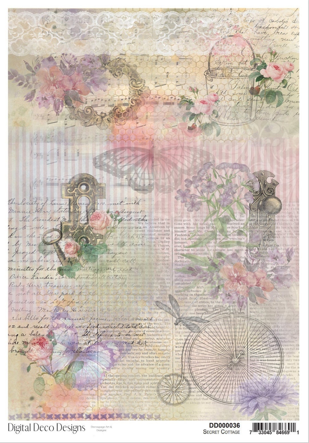 A4 Secret Cottage Decoupage Digital Deco Designs Bike and Lock ...