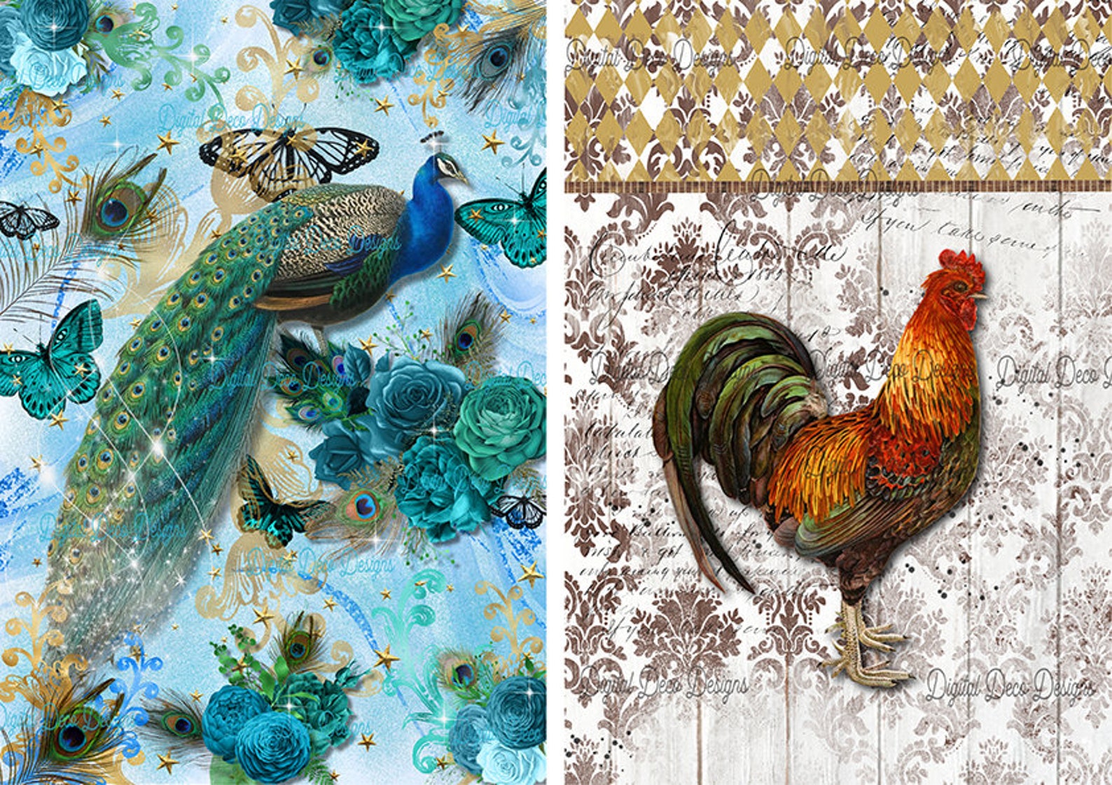 A4 Peacock Decoupage Rooster Decoupage Digital Deco Designs A4 Rice ...