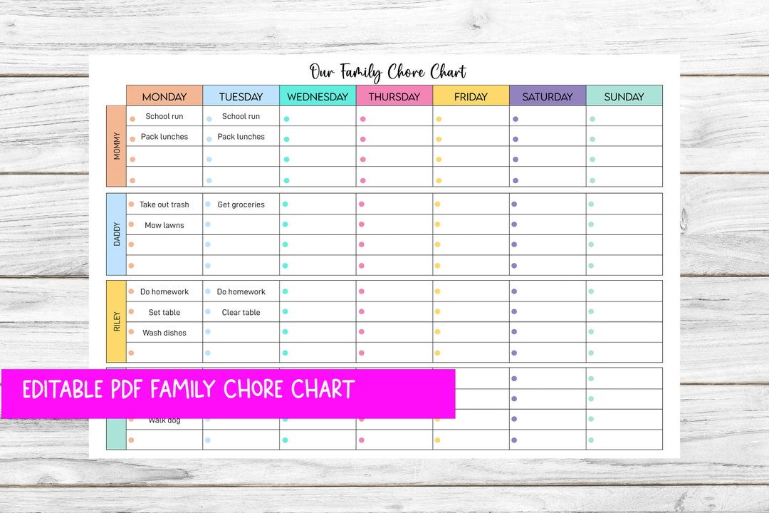 Editable Family Chore Chart: Weekly Planner (PDF Printable) - Etsy