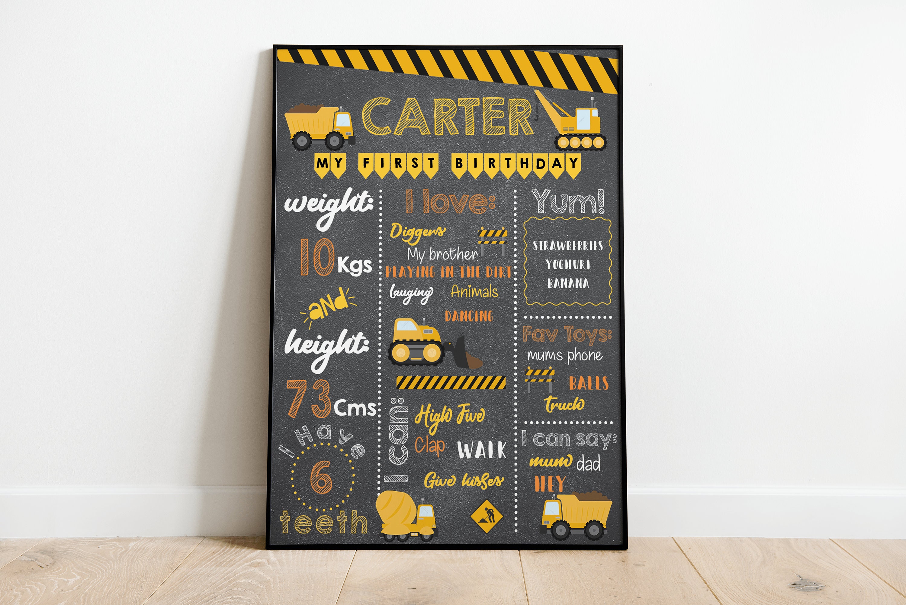 Construction Themed First Birthday Board | Personalised Digital ...