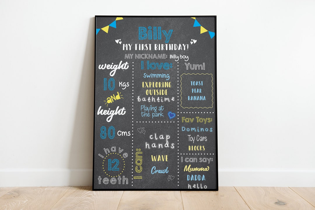 First Birthday Board Chalkboard Blue Theme Boys Milestone Storyboard ...