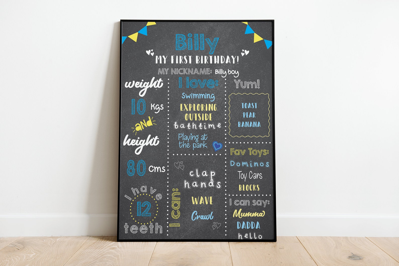 First Birthday Board Chalkboard Blue Theme Boys Milestone Storyboard ...