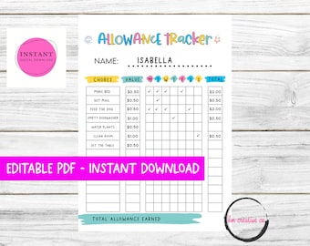 Chore Chart for Kids Kids Allowance Tracker Editable PDF Chore Chart ...