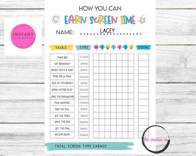 Kids Screen Time Checklist | Editable Chore Chart for Kids | Screen ...