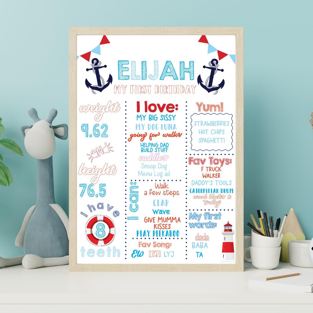 Nautical Themed 1st Birthday Milestones Board Chalkboard Storyboard ...
